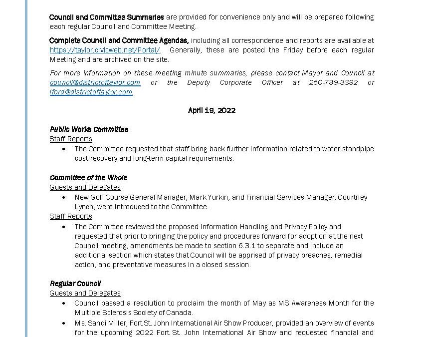 April 19 2022 Council And Committee Meeting Summary Welcome To The