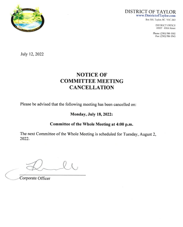 Notice Of Meeting Cancellation Welcome To The District Of Taylor