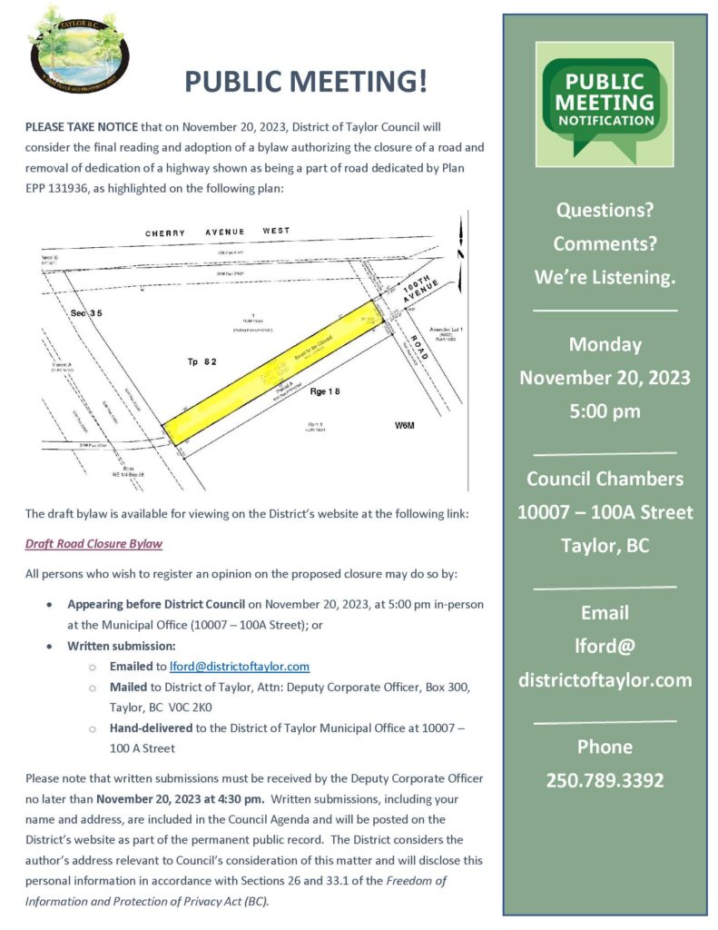 Notice of Public Meeting: Road Closure Bylaw - Welcome to the District ...