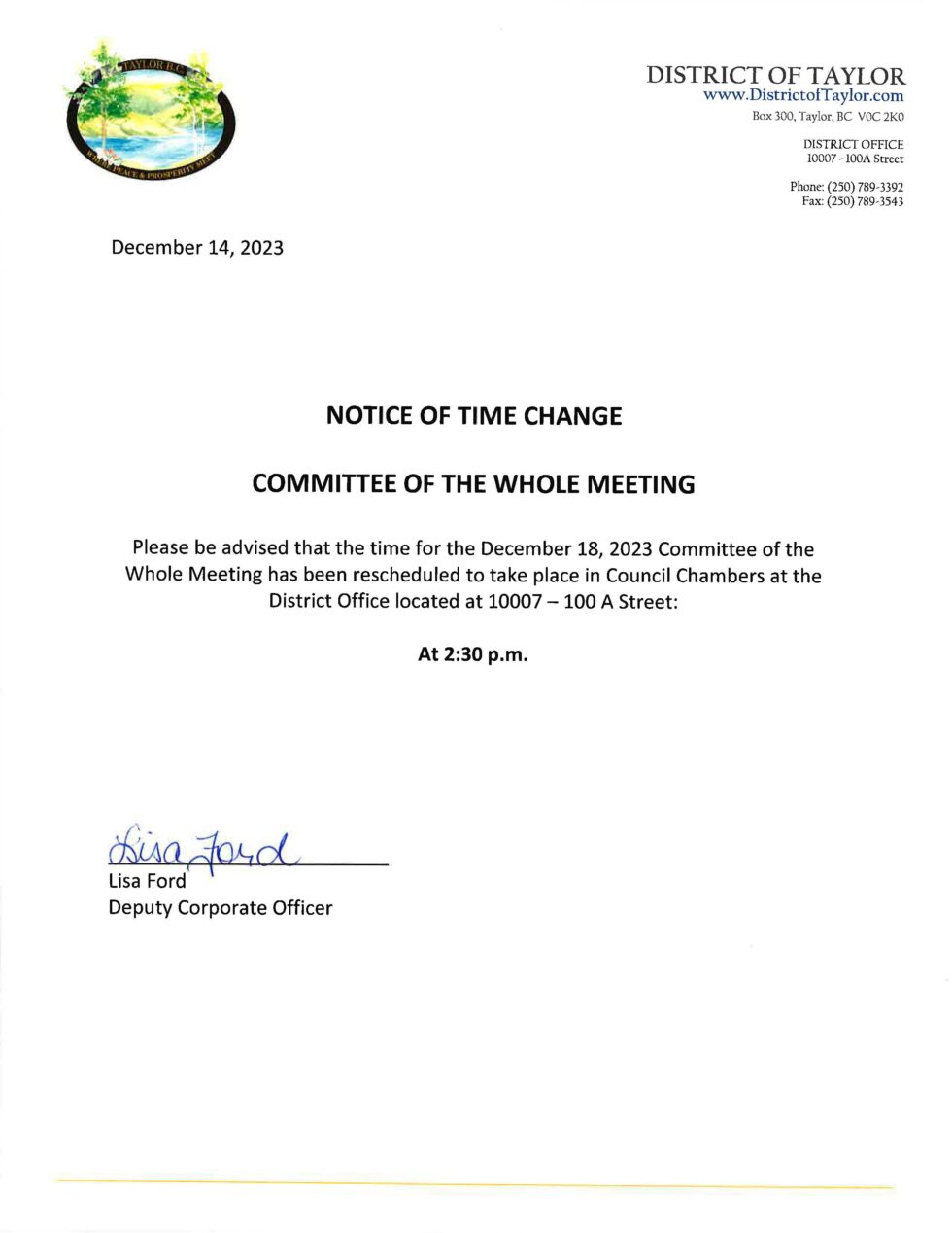 Notice of Meeting Time Change - Welcome to the District of Taylor