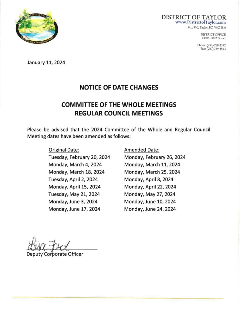 Notice of Meeting Date Changes - Welcome to the District of Taylor