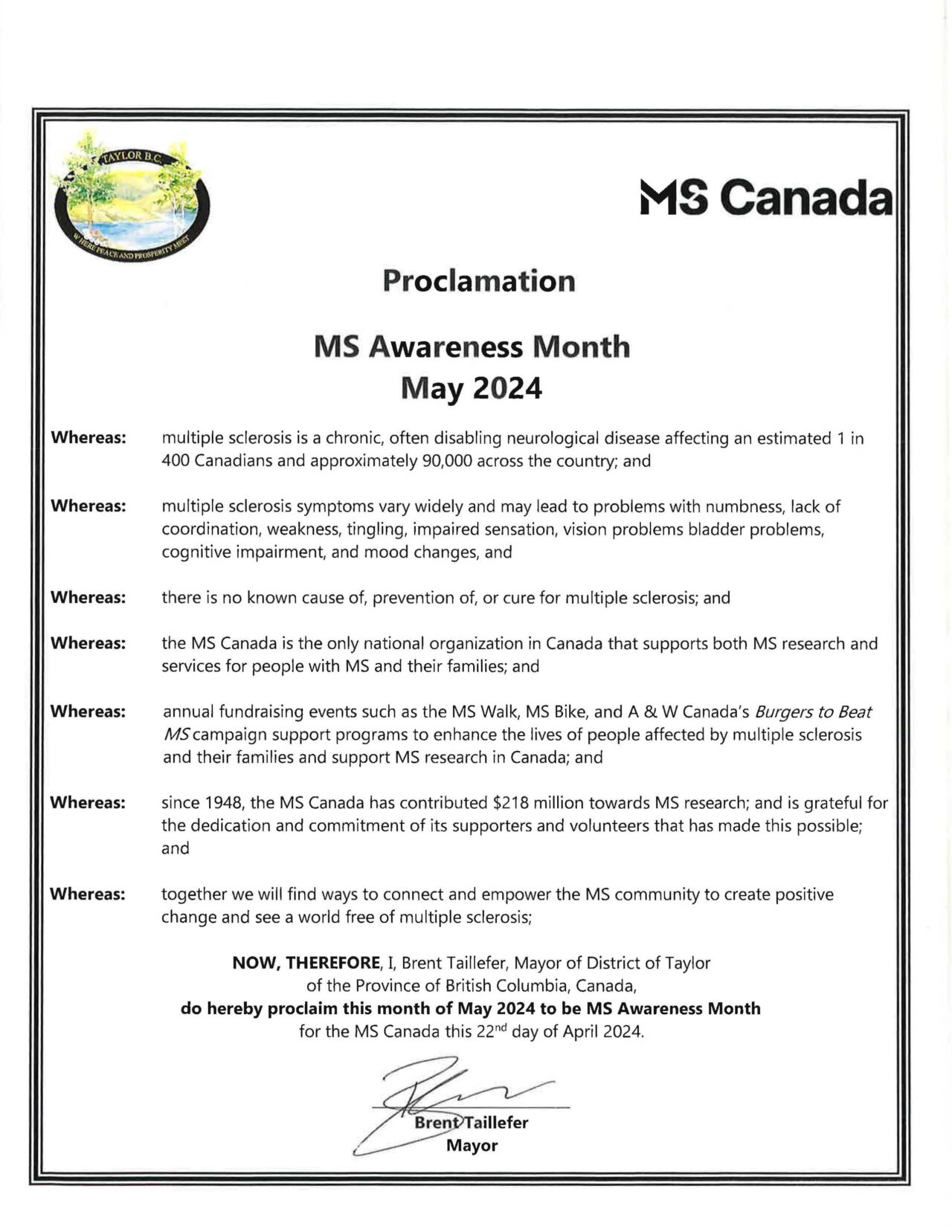 May 2024 MS AWARENESS MONTH - Welcome to the District of Taylor
