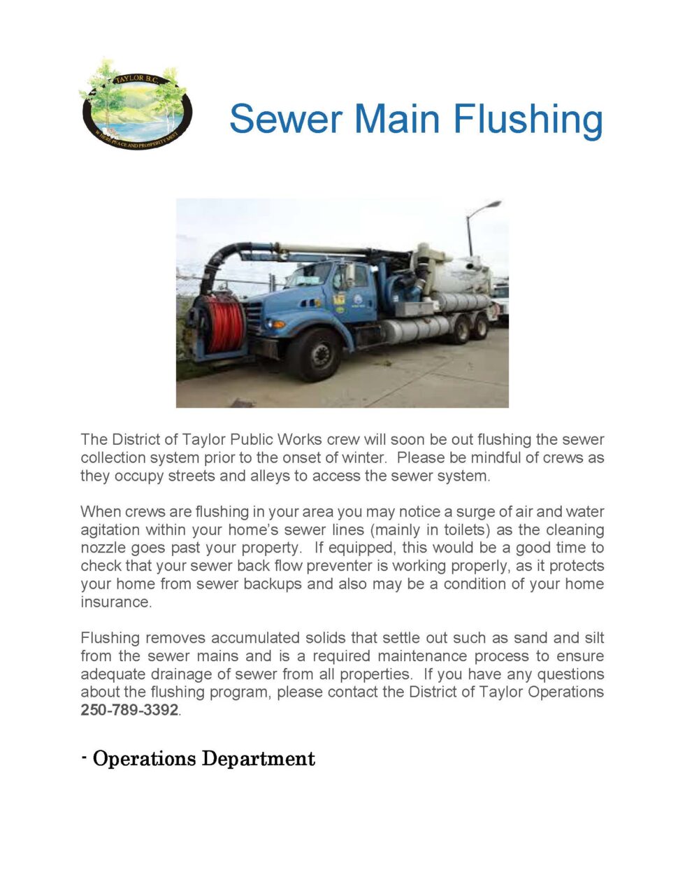 Public Notice: Sewer Main Flushing - Welcome to the District of Taylor